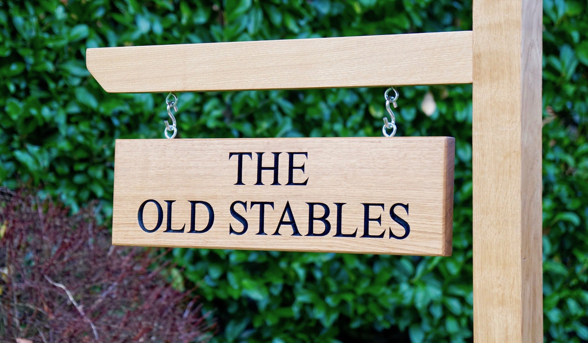 Engraved Oak Hanging Sign on Post | MakeMeSomethingSpecial.com